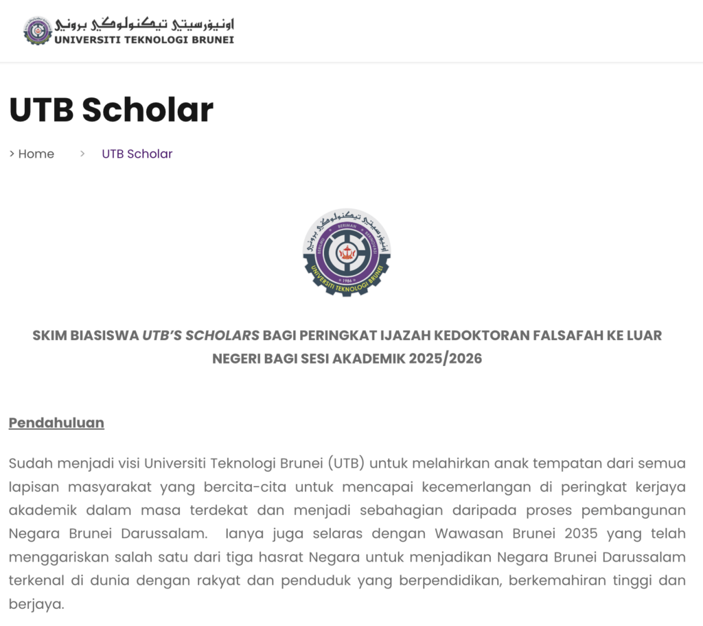 PhD Scholarship for Academic Year 2025/26 Universiti Teknologi Brunei ...